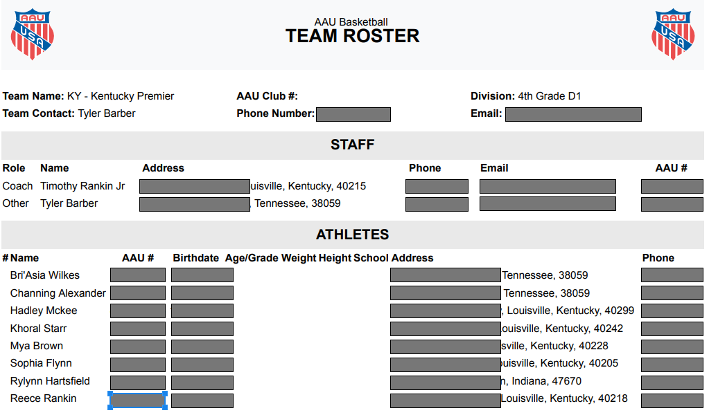 AAU Rosters – Exposure Events